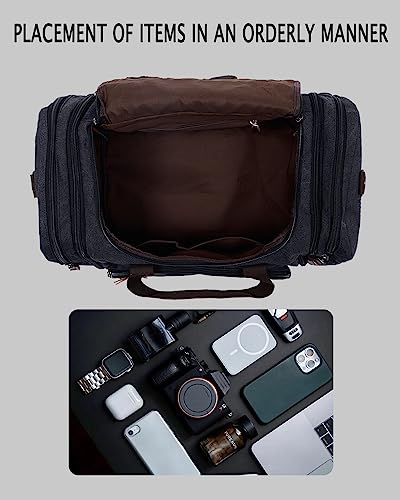 Canvas Duffle Bag Mens with Shoes Compartment,(50L/55L)Travel Bag for Men Adjustable Capacity Weekend Overnight Bag Carry on Bag Hospital Holdalls (Black)