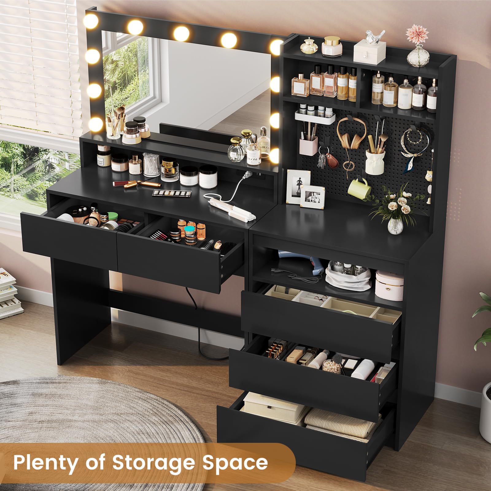 BTHFST Large Vanity Desk with Mirror and Lights & Charging Station, Makeup Vanity with Hollywood Mirror & DIY Pegboard, 5 Hooks, Makeup Desk with 5 Large Drawers & Shelves, White