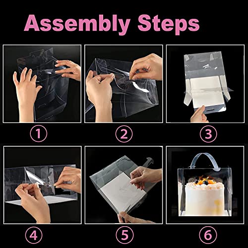DNPHRPY 6X6X6 Inches 20pcs Clear Cake Boxes with Handles & Cake Boards, Bakery Box with Handles for Mother's Day Gifts, Desserts, and Cupcakes, Disposable Bakery Containers, 1 Ribbon & 4 Stickers