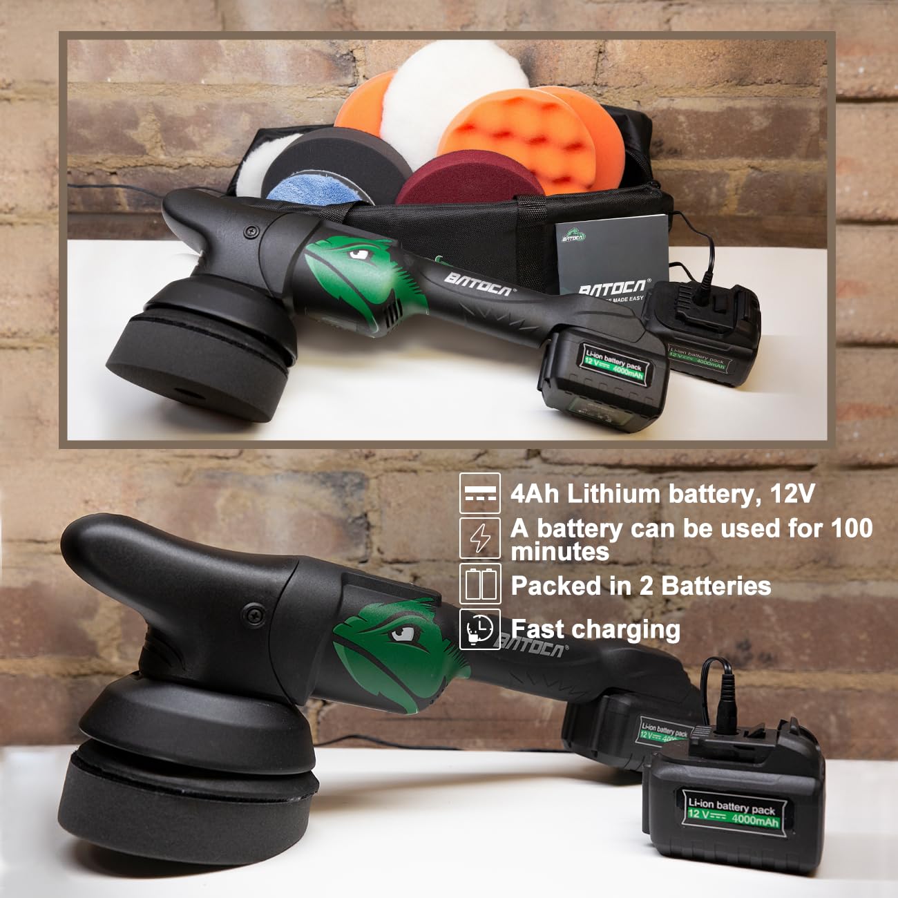 BATOCA S2 Cordless Random Orbital Polisher Buffer, 2Pcs 4.0Ah Batteries, LCD Display with 6 Variable Speed 2000- 4500 RPM Wireless Car Polishing Kit for Car Detailing, Polishing, Waxing, Cleaning