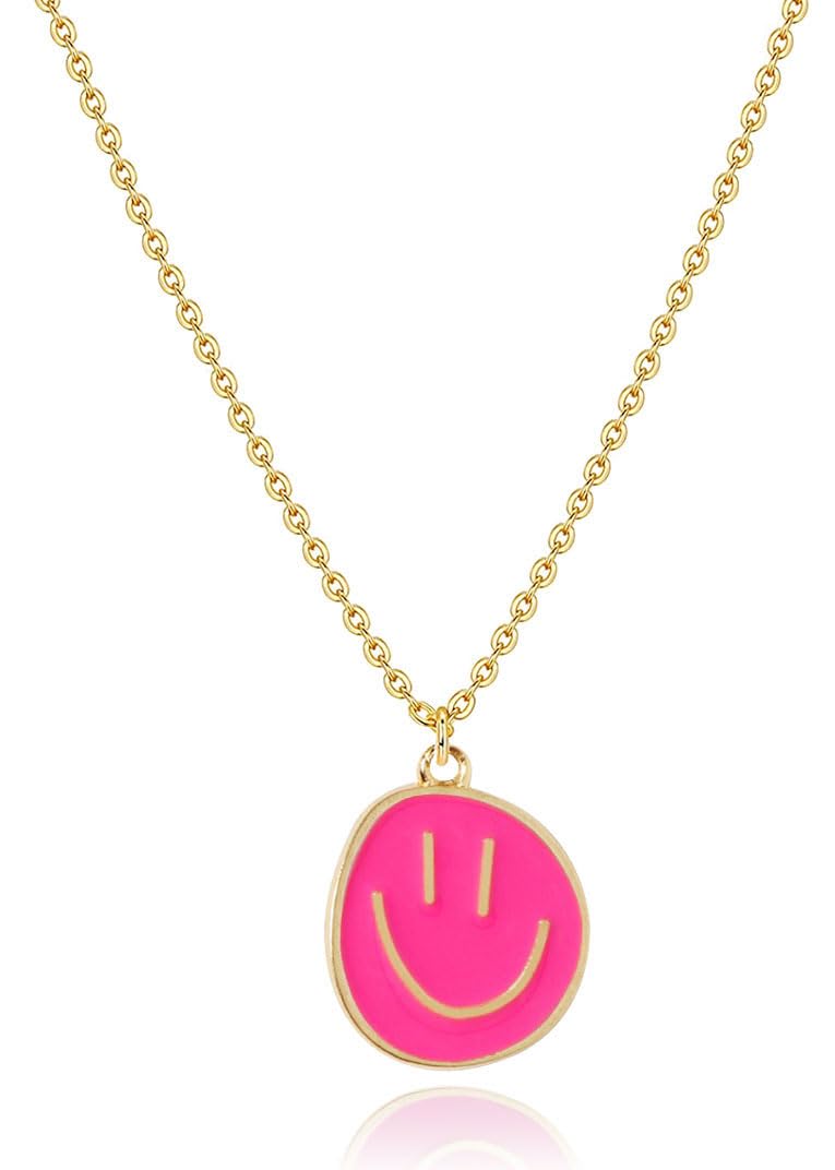 AULSIEY Smile Face Necklaces Cute Necklaces For Teen, Pink Necklace Hot Pink Jewelry Preppy Necklaces, Hot Pink Necklaces 14k Gold Plated Necklace Happy Face Necklace- Hot Pink