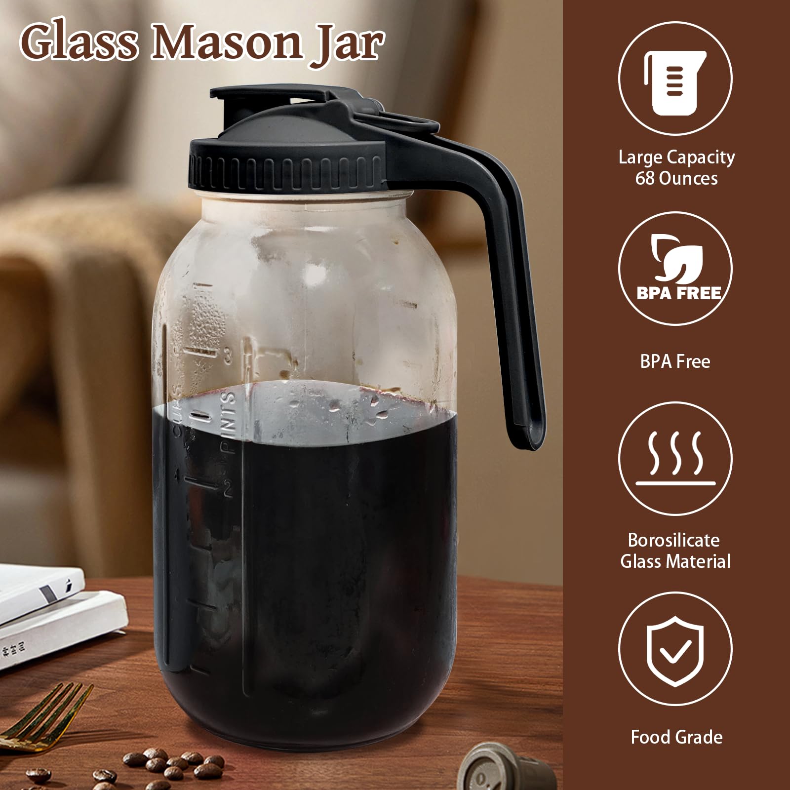 batoybeni Cold Brew Coffee Maker 64 oz (2 Quart / 1.9 Liter) Mason Jar - Wide Mouth Pitcher with Handle & Stainless Steel Filter for Coffee, Iced Tea, Sun Tea, Lemonade, and Homemade Fruit Drinks