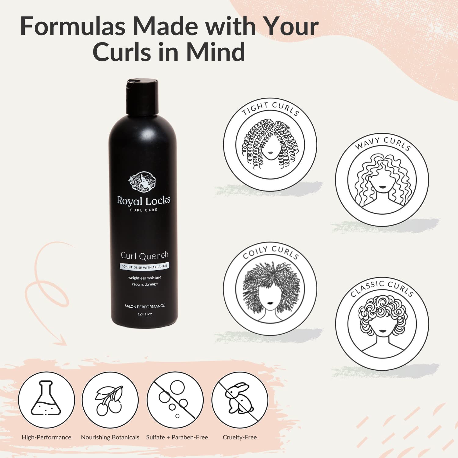Royal Locks Curl Quench Conditioner - Curly Hair Conditioner with Argan Oil, Lightweight Moisture & Hydration (12 Fl Oz)