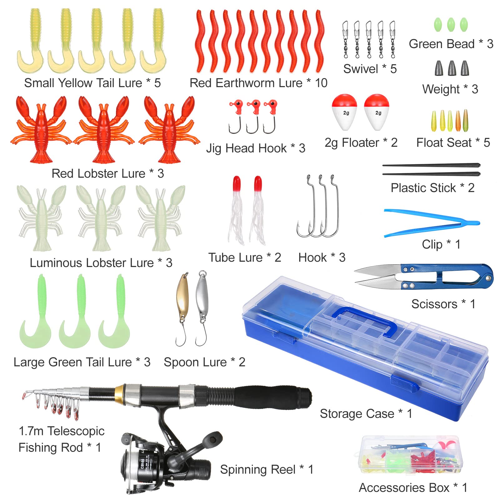 Aomiun 1.5m/1.7m Telescopic Fishing Rod Whirl Reel Tackle Set for Saltwater and Freshwater