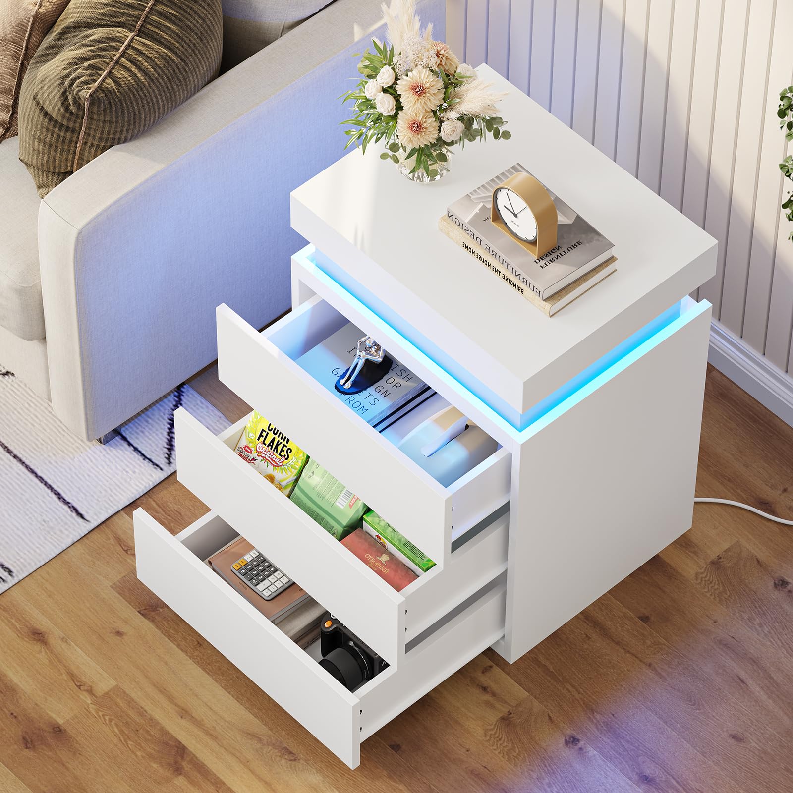 BTHFST Nightstand with Charging Station and LED Lights, Led Nightstand with Sliding Top, Bedside Table with Drawers, Modern End Table Side Table with USB Ports and Outlets (Black)