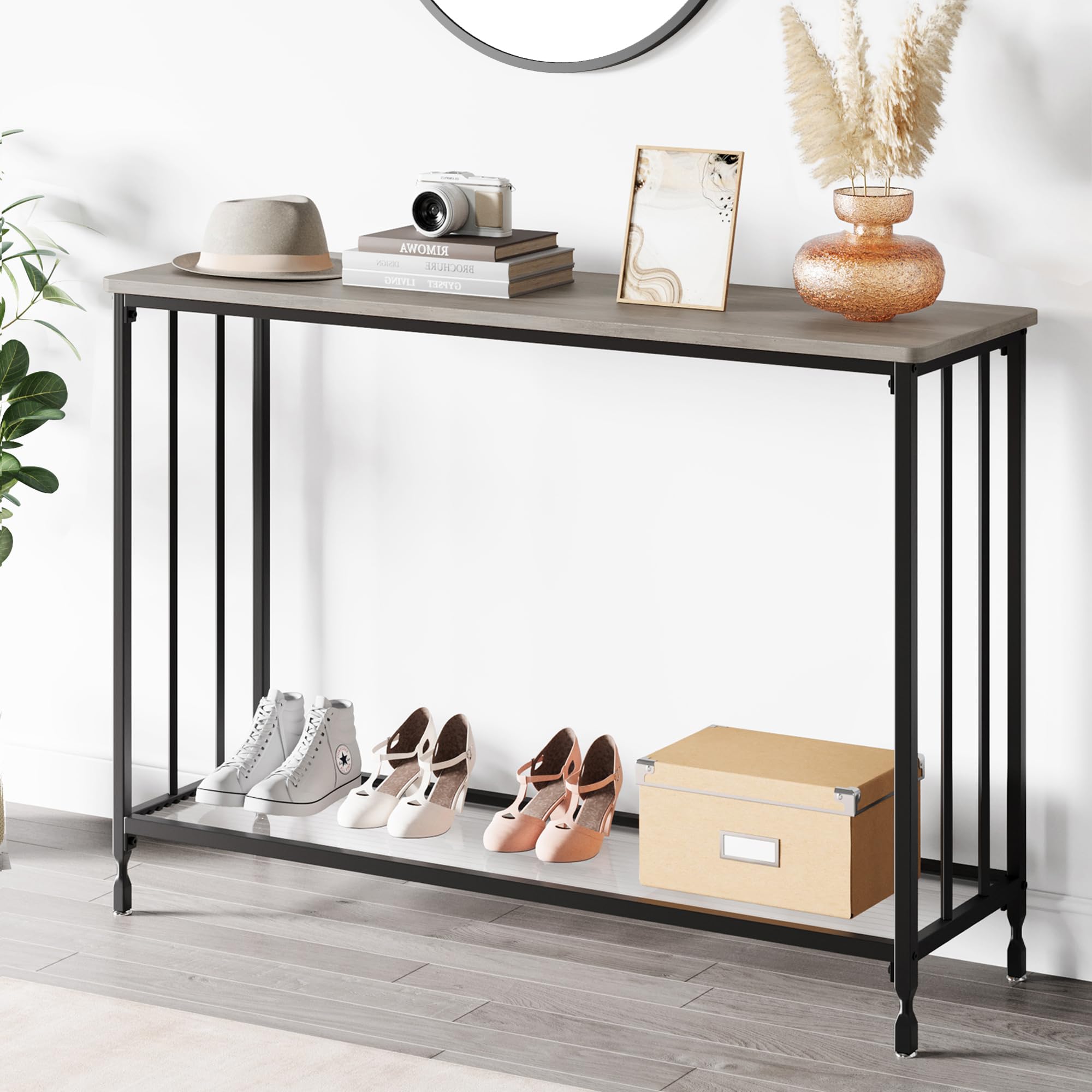 IDEALHOUSE 33.5" Narrow Console Table, Small Entryway Table with Glass Shelf and Metal Frame, Sofa Table Narrow Long Behind Couch Table, Modern Gold