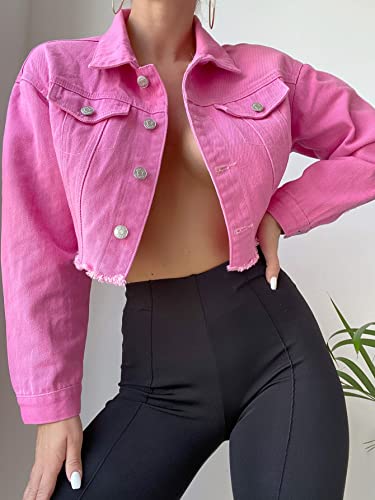 Floerns Women's Button Front Ripped Crop Denim Jacket Coat Pink M
