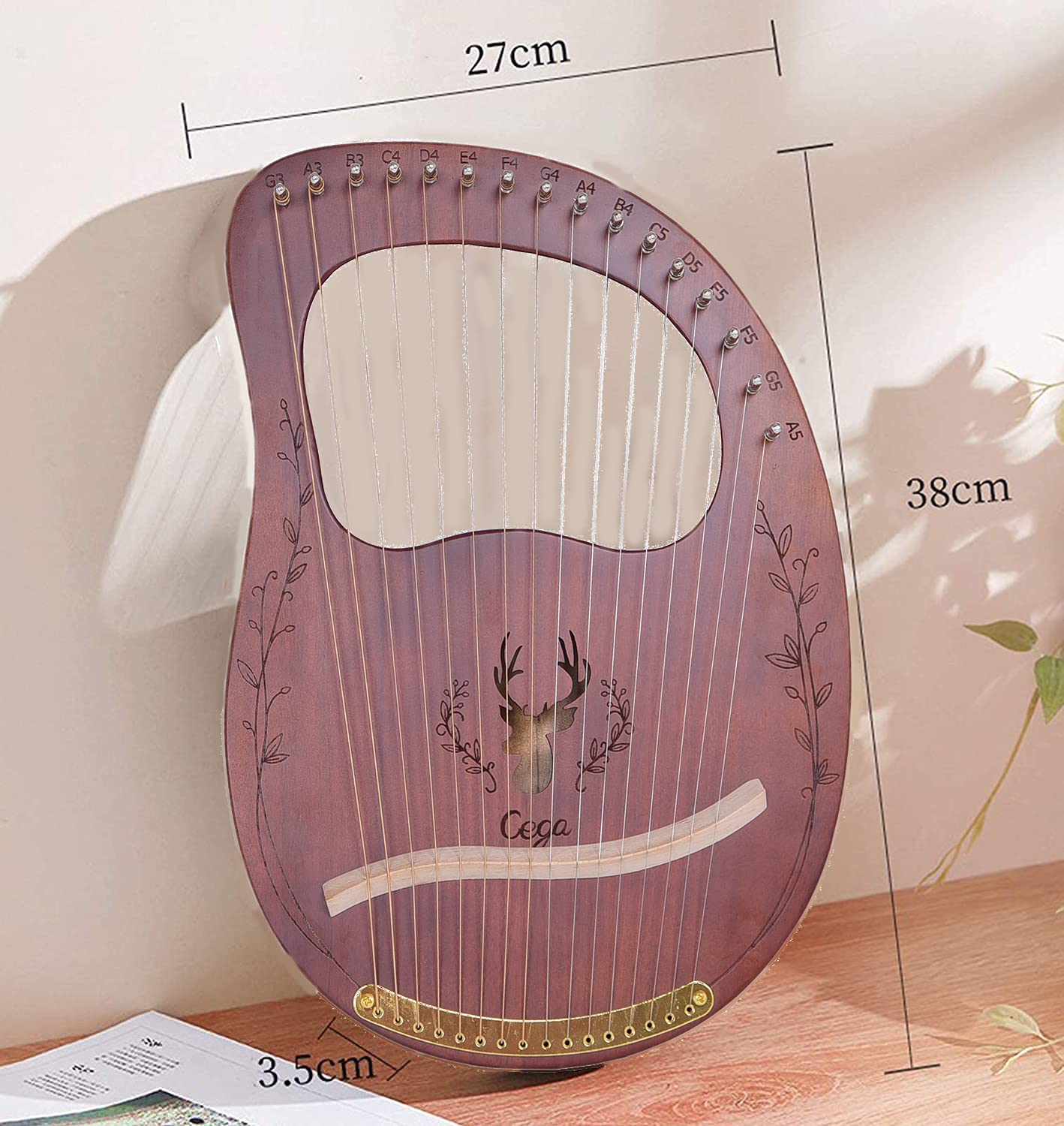 Lyre Harp, 16 Strings Mahogany Solid Wood Metal String Adult/Child Musical Instrument, With Tuning Wrench Pick, Black Gig Bag, and Music Tutorial for Beginner Instrument Lovers (coffee color)