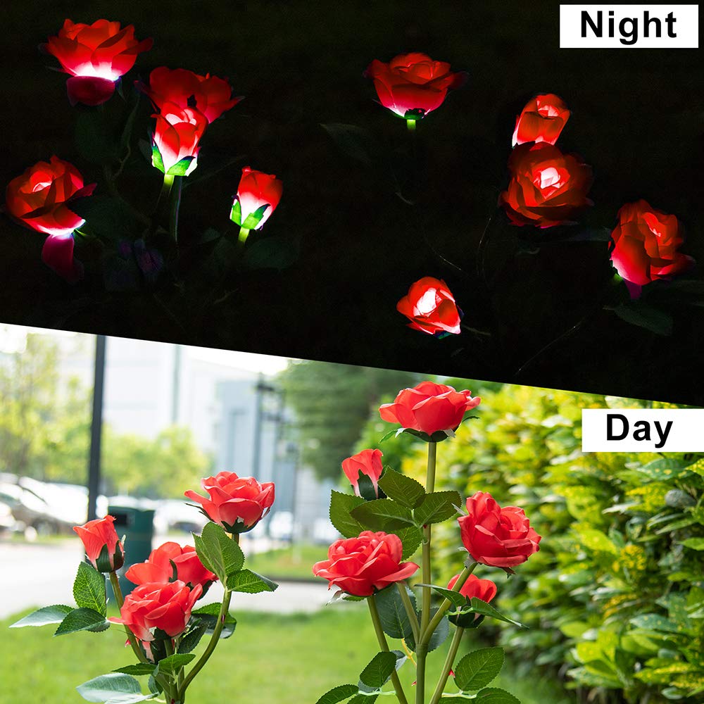 ASFSKY Solar Decorative Lights Outdoor Solar Rose Flower Lights for Garden Patio Yard Pathway Decoration 2 Pack with 10 Rose Flower (Red)