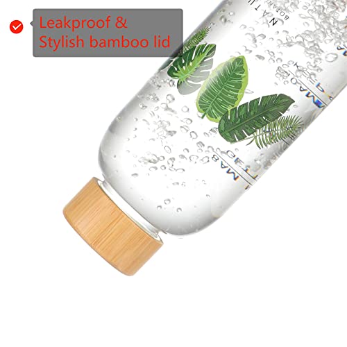 Gulujoy 32 oz Glass Water Bottle with Time Marker Bamboo Lid Neoprene Sleeve, Reusable, Leakproof, BPA Free (Regular Mouth)