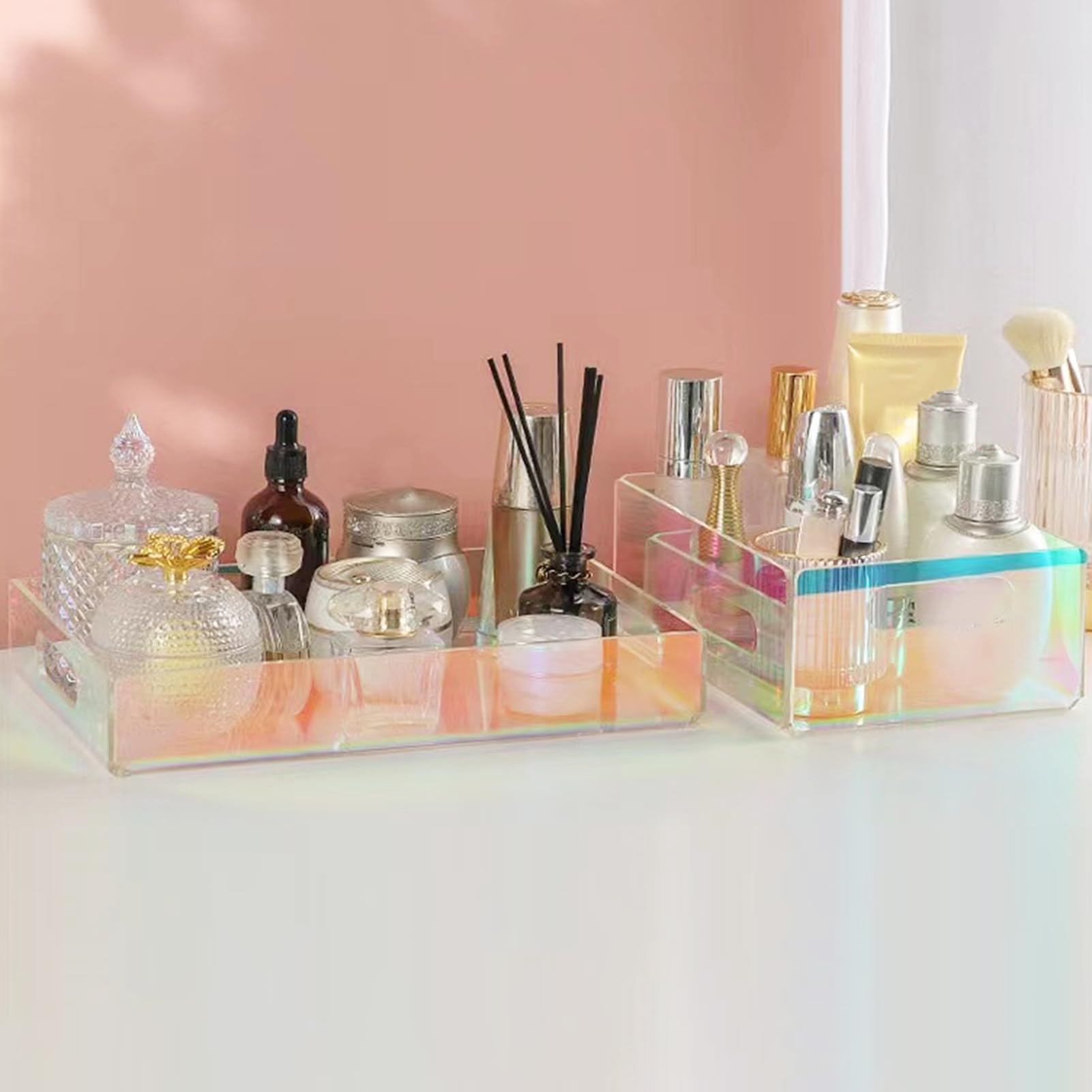 YESBAY Iridescent Acrylic Storage Box with Handle Acrylic Tray Vanity Organizer Case Hollow Multi-Functional Desktop Makeup Tray Basket Organizer Tissue Holder for Bathroom Countertop Bedroom C