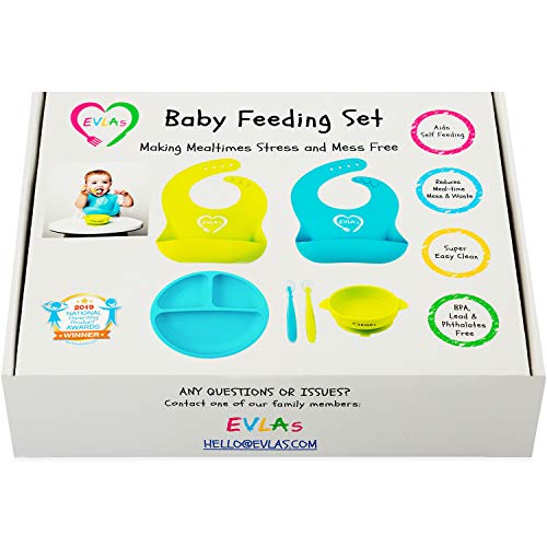 EVLA'S Baby Feeding Set, Baby Led Weaning Supplies, Adjustable Silicone Bibs, Divided Plate, Suction Bowl with Lid, Soft Spoons for Babies or Toddlers, Baby Registry must have!