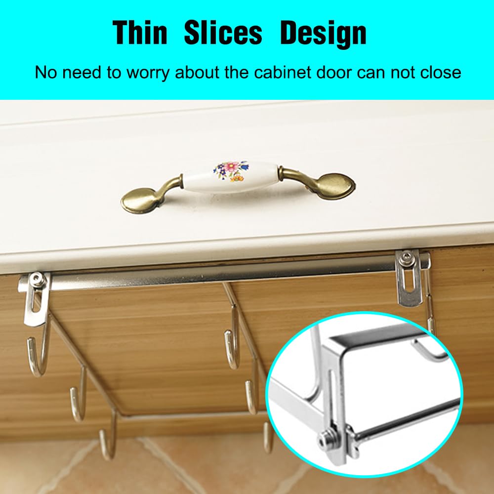 Coffee Mug Holder Under Cabinet - Silver 9 Hooks Cup Organizer for 1.18" Thickness Cabinet Hanging Mug Rack Tea Cup and Utensil Hooks Drilling Free Mug Hanger Under Shelf