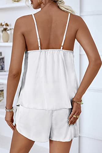 CHYRII Women's White Silk Pajamas Sexy Satin Cowl Neck PJS Cami Shorts Lingerie Lounge Sets XL