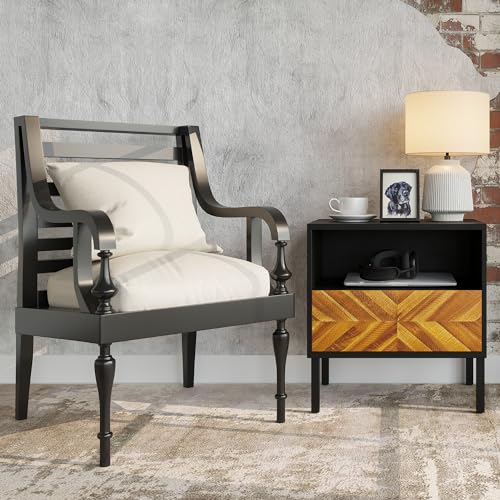Bme Vivian Solid Wood Nightstand, End Table, Bedside Table with Herringbone Pattern for Rustic Bedroom, Easy Assembly, Rustic Golden Brown and Black