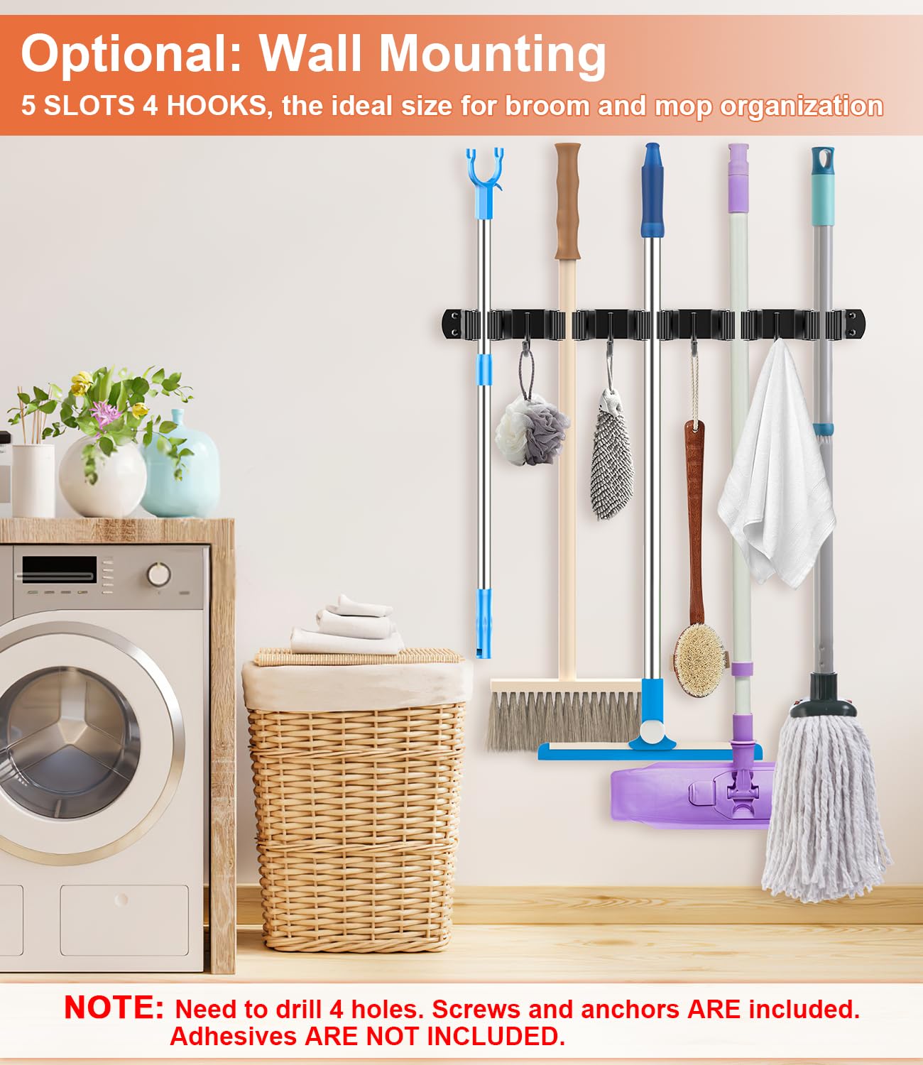 Broom Holder Over The Door-2PCS Drilling Free Mop and Broom Holder with 4 Over Door Hook, Metal Mop and Broom Holder Wall Mount Broom Storage Tool Organizer for Laundry Room Garage Kitchen Bathroom