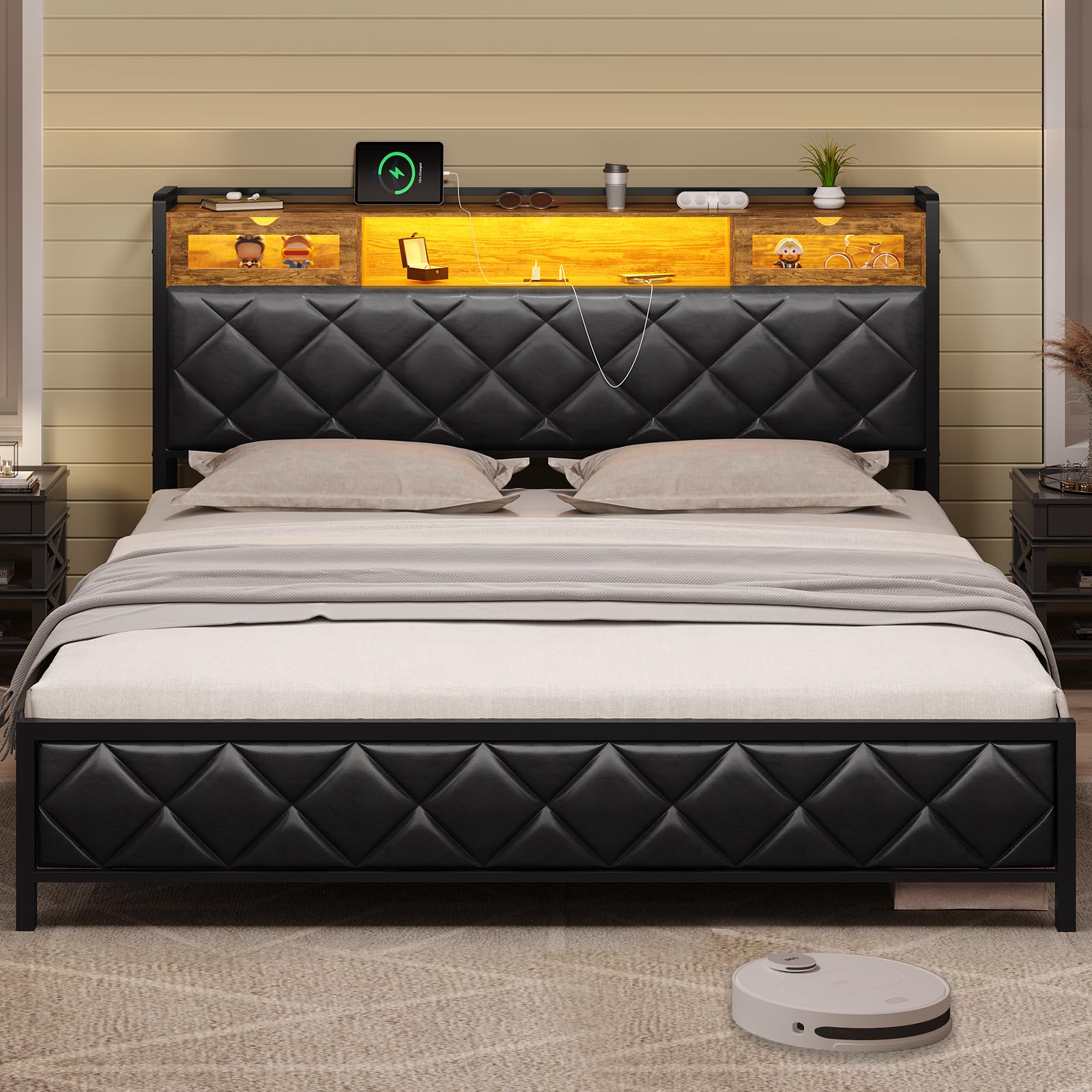 DICTAC King Size Bed Frame, Storage Headboard and Charging Station, Platform King Bed Frame with Led Lights, Solid and Stable, Noise Free, No Box Spring Needed, Easy Assembly, Black