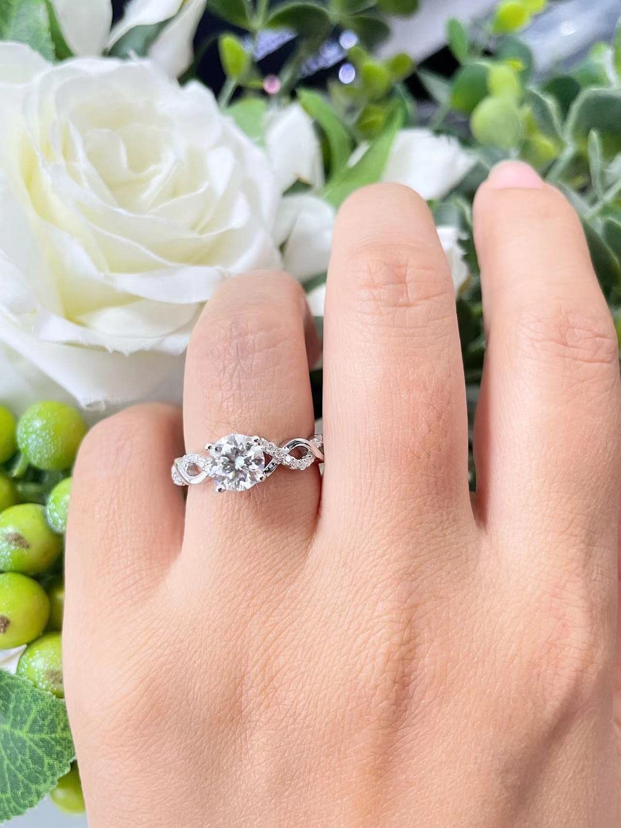 Auldey Engagement Rings For Women 1.2CT Twisted Platinum Plated Silver Ring Mossanite Wedding Ring for Her Size 6-9,7
