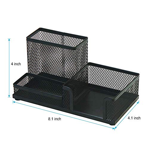 Comix Mesh Pen Pencil Holder with Post It Note Holders Desk Organizer, 3 Compartment Wire Desktop Pen Pencil Cup Caddy Office Supplies Accessories for Home Office School, Black