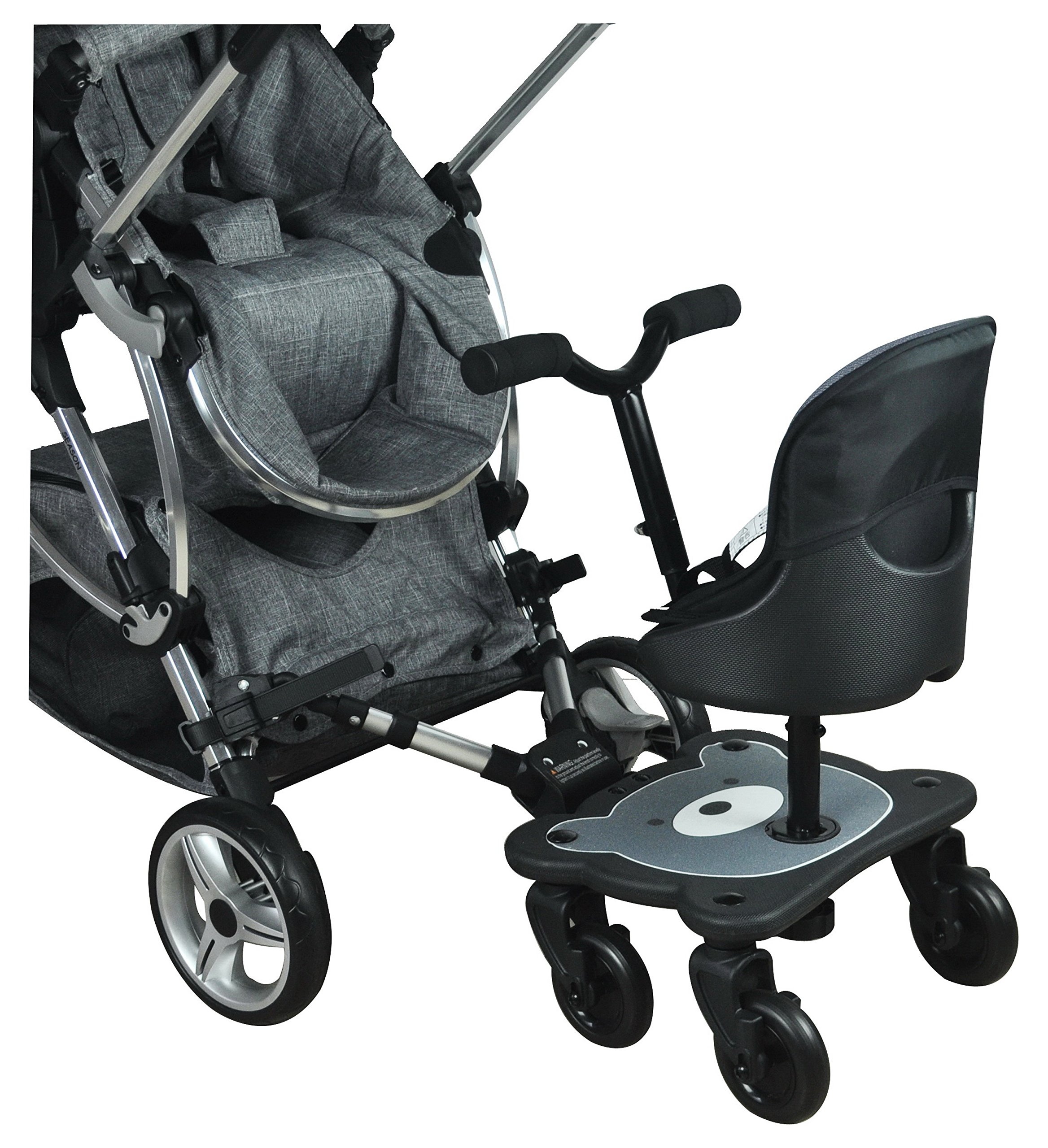 Englacha 2-in-1 Cozy 4-Wheel Rider, Black - Child Rider Stroller Attachment with Saddle Seat and Standing Platform - Universal Fit for Most Prams - Quick and Easy to Use - Designed for Safety
