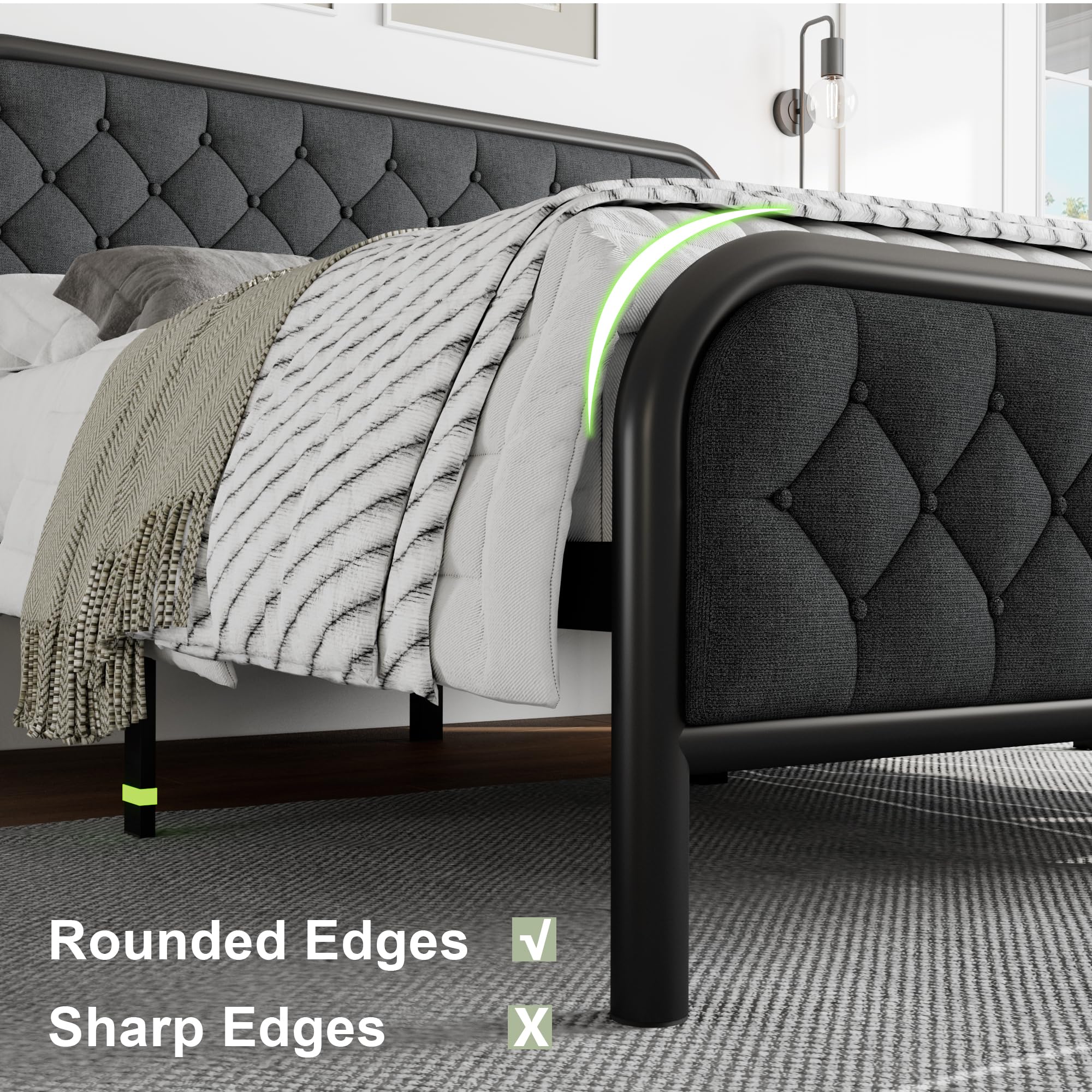 Feonase Full Size Bed Frame, Upholstered Metal Bed Frame with Liene Tufted Headboard, Heavy Duty Metal Slats, 12" Storage Space, No Box Spring Needed, Easy Assembly, Linen Gray