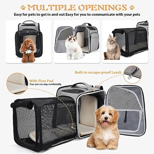 Cat Backpack Carrier, WHDPETS 2 Sides Expandable Pet Backpack for Cats Dogs fit Up to 20 lbs, Breathable Cat Carrier with Inner Safety Leash, Grey