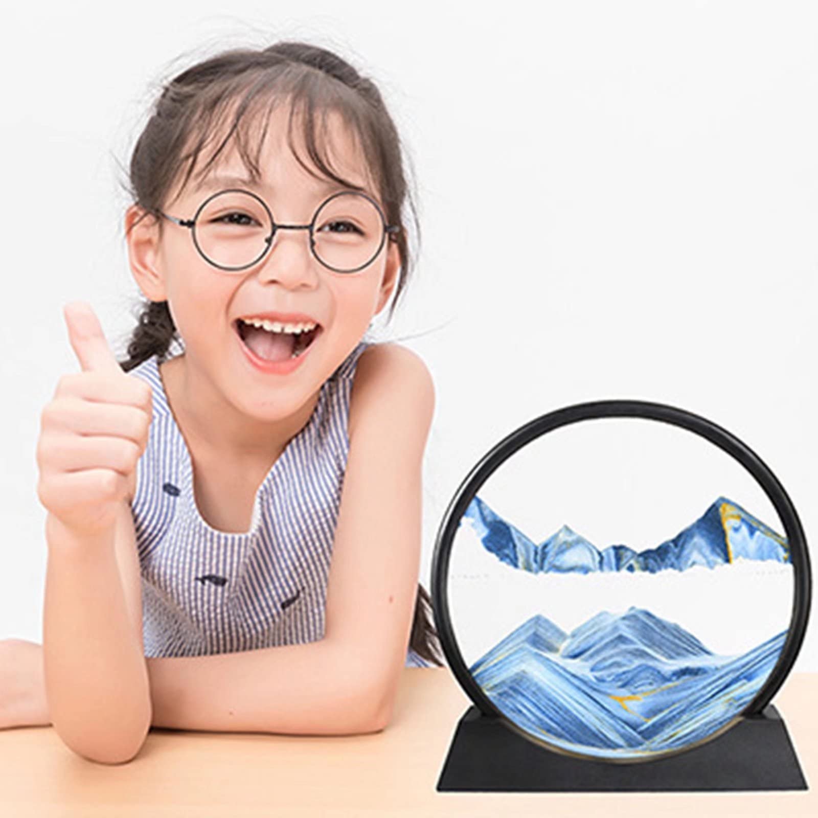 BGFJYUK Moving Sand Art Picture in Motion, Round Tempered Glass 3D Deep Sea Sandscapes with Display Flowing Sand Frame for Relaxing Desktop Home Office Work Décor for Kids Adults (Blue, 7inch