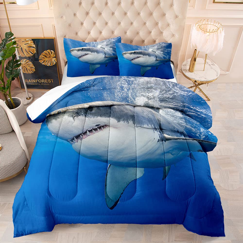 Suncloris 3D Great White Shark Queen Comforter Set, Blue Sea Animals All Seasons Comforter Set for Kids Teens Men Bedroom Quilt Set(Queen)