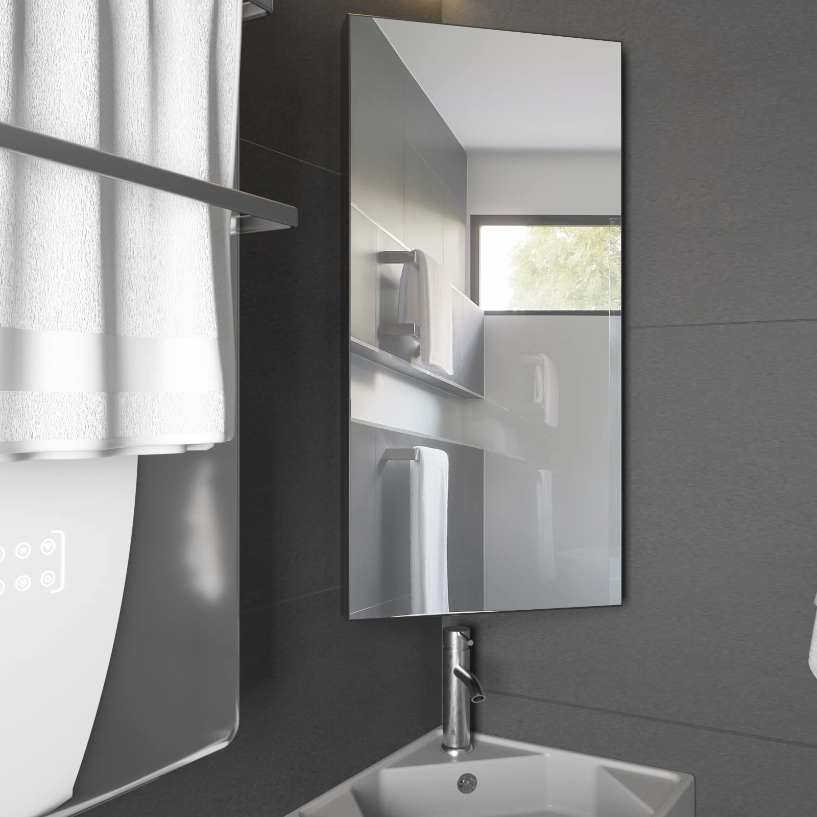 eclife 24" Bathroom Corner Medicine Cabinet W/Mirror, Single Door Bathroom Black Wall Mount Mirror Cabinet, Hanging Triple Shelf Storage Cabinet Opens Left to Right