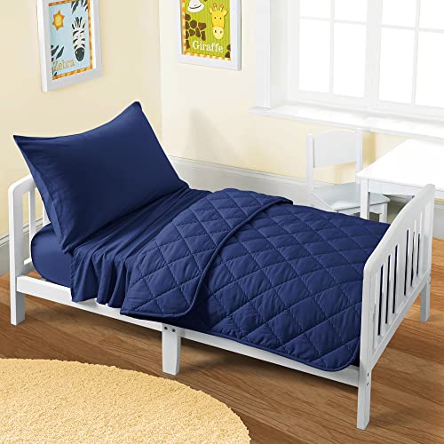 FLXXIE 4 Pieces Microfiber Toddler Bedding Set, Super Soft and Breathable Crib Sheet Set, Includes Quilted Comforter, Flat Top Sheet, Fitted Sheet, Envelope Pillow Case for Boys and Girls, Navy Blue