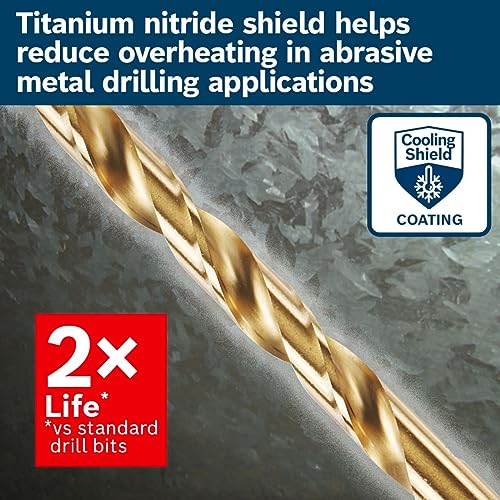 BOSCH TI21A 21-Piece Assorted Set Titanium Nitride Coated Metal Drill Bits with Included Case with Three-Flat Shank for Applications in Heavy-Gauge Carbon Steels, Light Gauge Metal, Hardwood