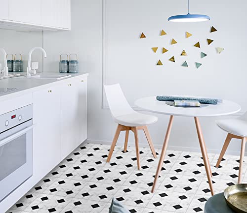 CiCiwind Peel and Stick Floor Tiles 12 PCS-12" x 12" Self Adhesive Black & White Marble Lattic Pattern Floor Tiles for Bathrooms,Kitchen,Living Room,Dining Room