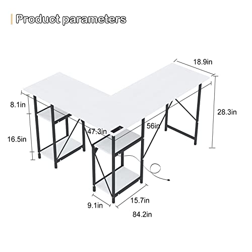 DLIUZ White L Shaped Desk with Drawers,L Modern Desk,Computer Gaming Desk with USB Charging Port and Power Outlet, 2 Person Long Writing Study Table with Shelves Reversible Home Office Corner Desk