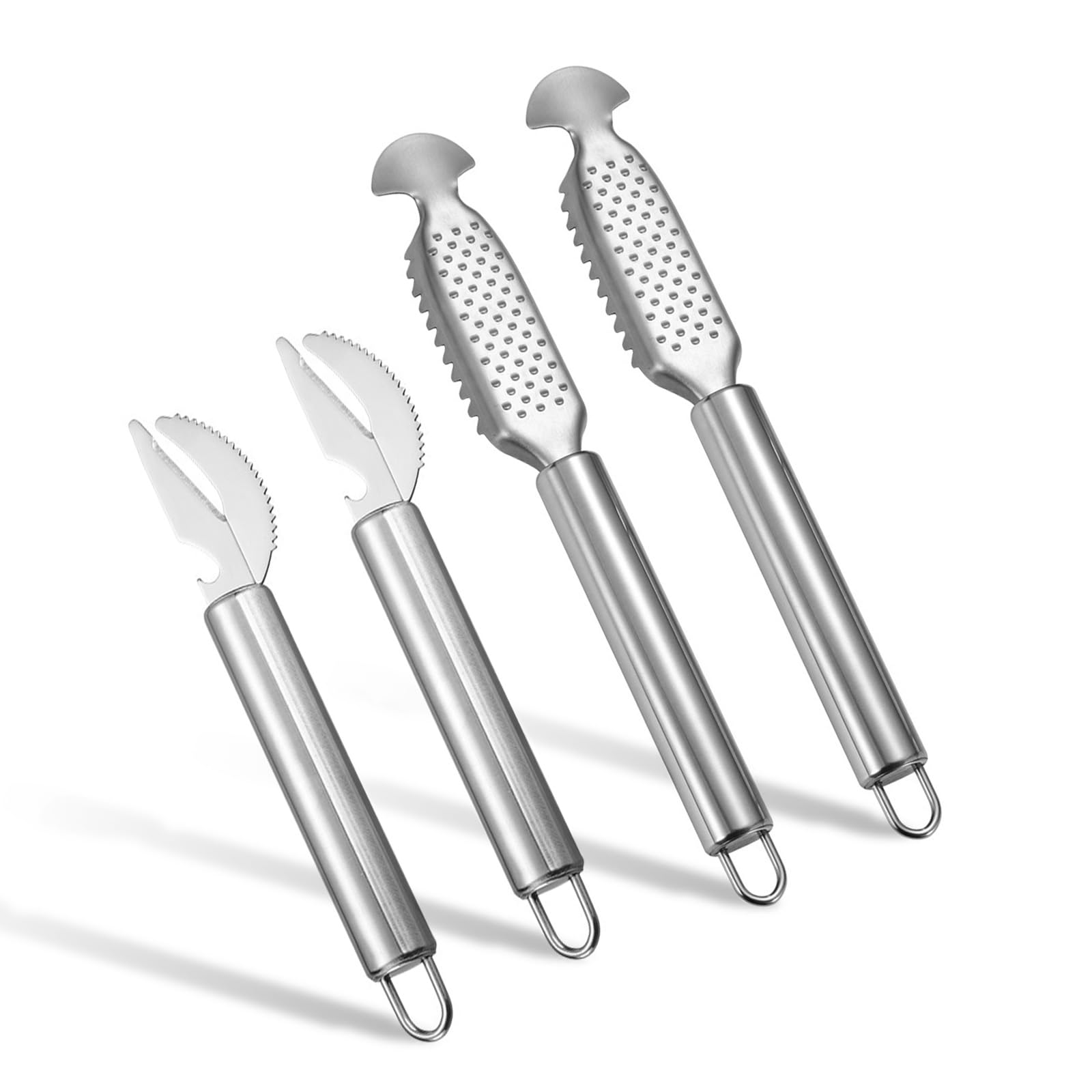 Klyuqoz Fish Scaler Remover, 4 Pack Fish Scale Knife, Stainless Steel 3-in-1 Fish Descaler Tool, Fish Peeler Open Belly and Dig Out Fish Cleaner Opener Tool Kitchen Accessory