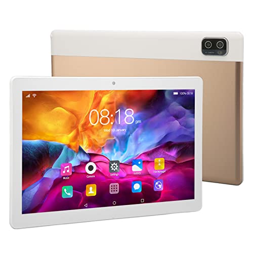 BUUA Calling Tablet, 6GB 128GB 5G WiFi Calling MT6592 10 Cores 1960x1080 Resolution Gold 10.1in Tablet for Study (US Plug)