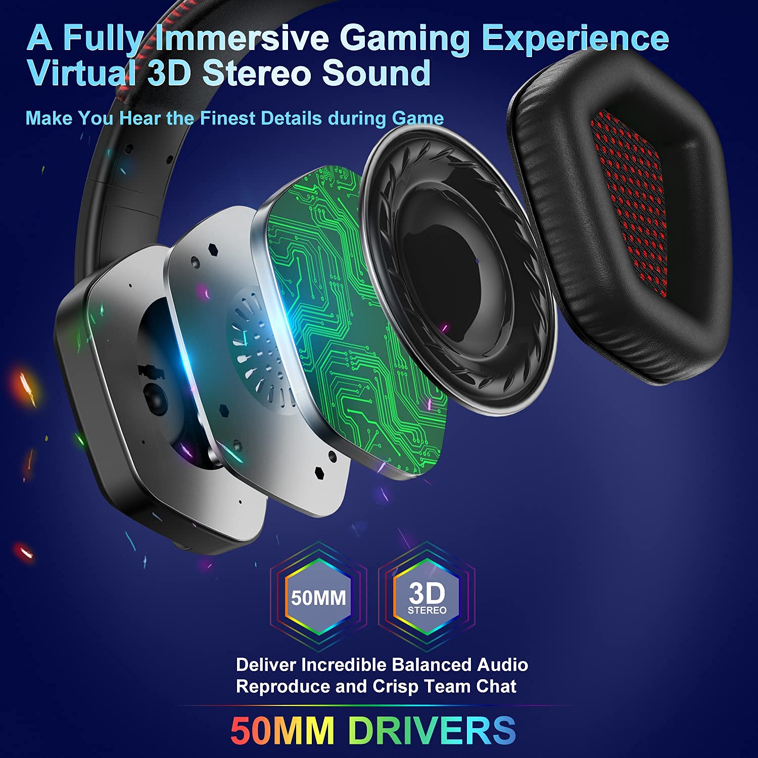 AUOUA Gaming Headset with Active Noise Cancelling Mic, Over Ear Wired Gaming Headphone │Colorful RGB Lights, 3D Stereo Sound│Soft Memory Foam Earmuffs, 3.5mm Jack Compatible with PC PS4 PS5 Gamer