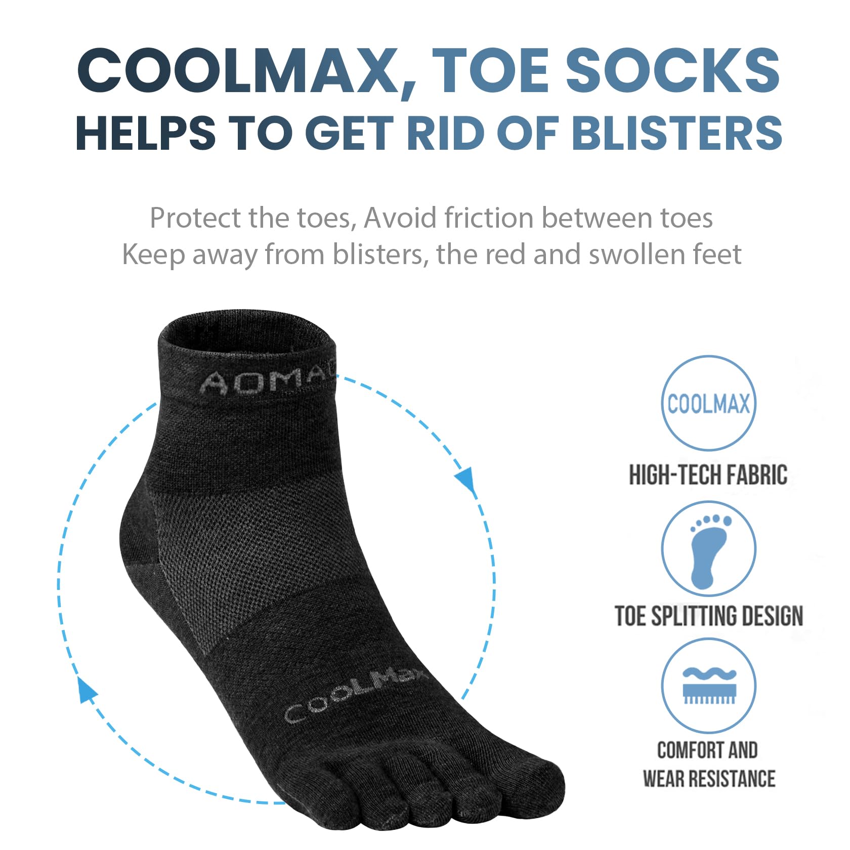 aomagic Men Women's Five Toe Socks for running hiking, Athletic 5 Toe Socks Lightweight Breathable - Value 3 pair Quarter Crew Fashion - Medium