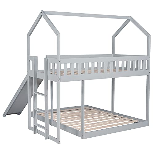 DEYOBED Twin Over Full Wooden Bunk Bed with Slide for Kids Teens