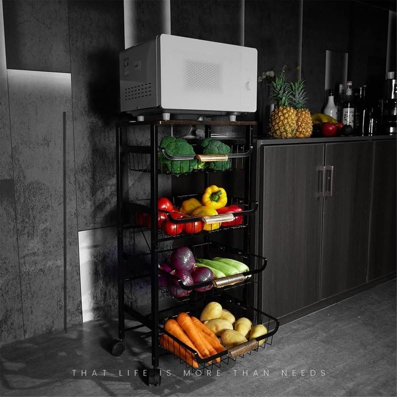 DELORM 5 Tier Vegetable Fruit Kitchen Storage Basket Cart Rack with Universal Wheel Metal Wire Basket Shelf Rolling Storage Cart, Rustic Farmhouse