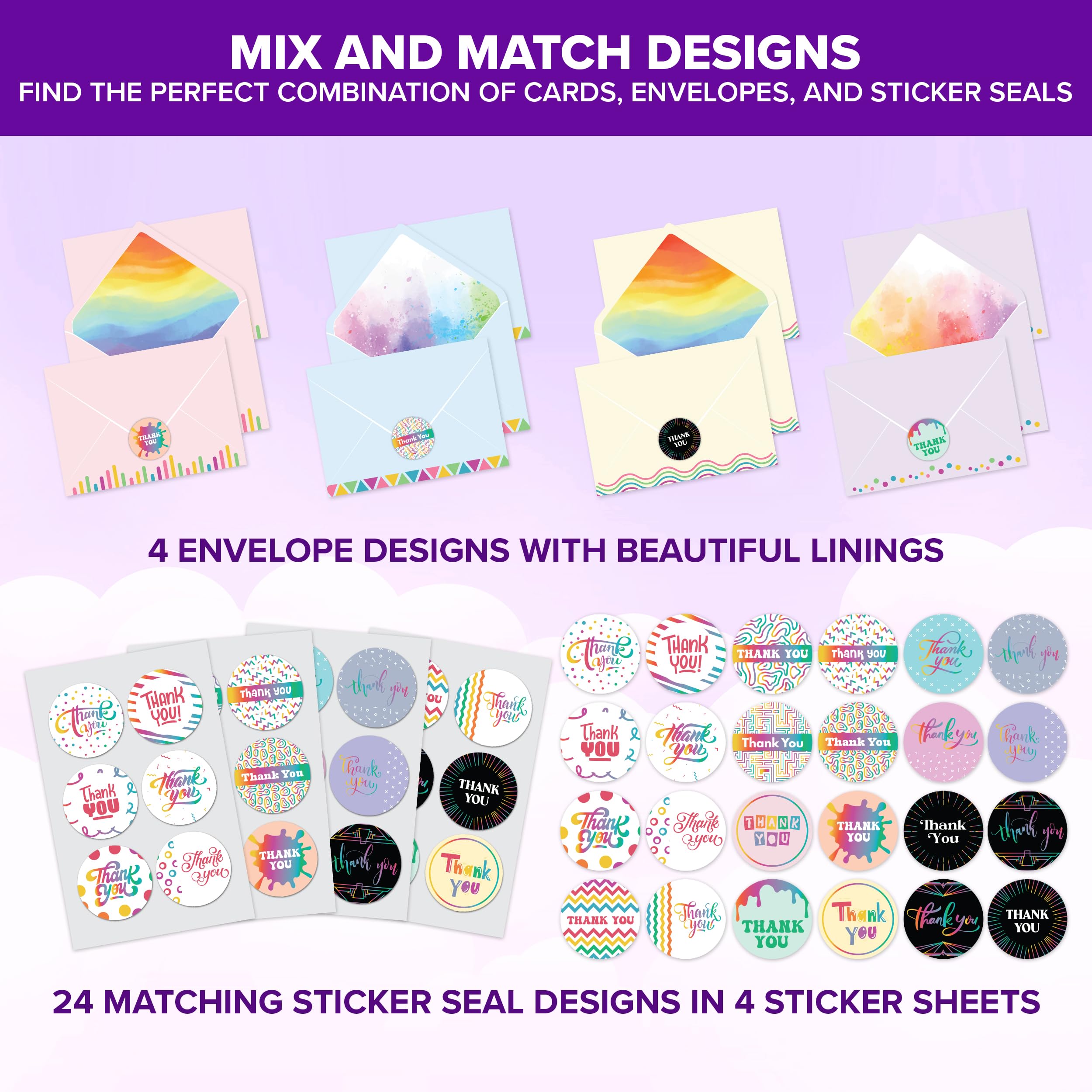 Decorably Assorted Thank You Cards with Envelopes & Stickers - 24 Pack Rainbow Thank You Cards with Envelopes, Blank Inside 4x6in Thank You Cards Rainbow, Thank You Card Assortment