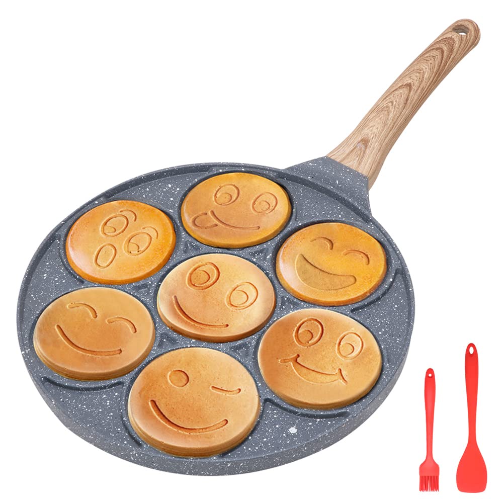 Bobikuke Pancake Pans For Kids,Pancake Shapes Pan,Mini Pancakes Maker Nonstick Pancake Griddle 7 Hole Smiley Face Pancake Mold For Breakfast,10 Inch