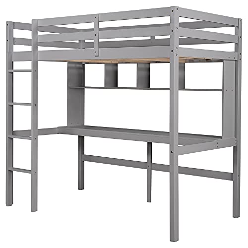 DEYOBED Twin Size Wooden Loft Bed Frame with Desk and Shelves - Create an Efficient and Stylish Workspace for Kids, Teens, and Adults