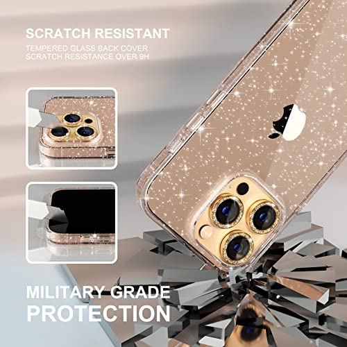 Choiche Compatible for iPhone 14 Pro Case Cute, Women Clear Glitter Bling Sparkly Case, [3 x Diamond Camera Lens Protectors] [2 x Tempered Glass Screen Protectors] 6.1-inch (Glitter Gold)