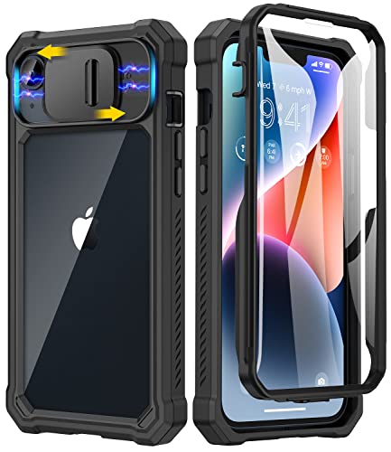 Caka for iPhone 14 Case, iPhone 13 Case with Screen Protector & Slide Camera Cover Heavy Duty Shockproof Phone Case for iPhone 13 iPhone 14 6.1 inches, Black