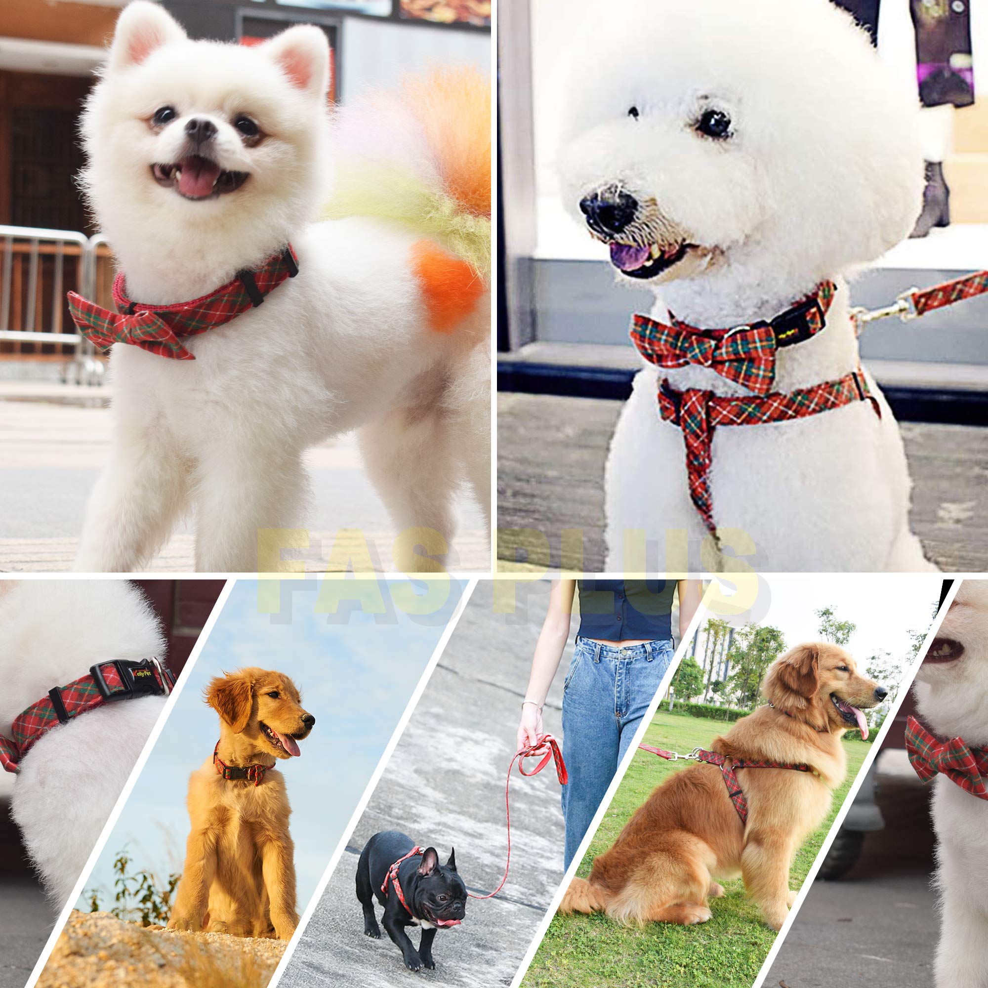 Fas Plus No Pull Dog Harness and Leash Set with Bow Tie Collar,Adjustable Vest Harness Back Clip Heavy Duty 4FT Leash for Small, Medium, Large and Extra Large Dogs.(Red/Green-XL)