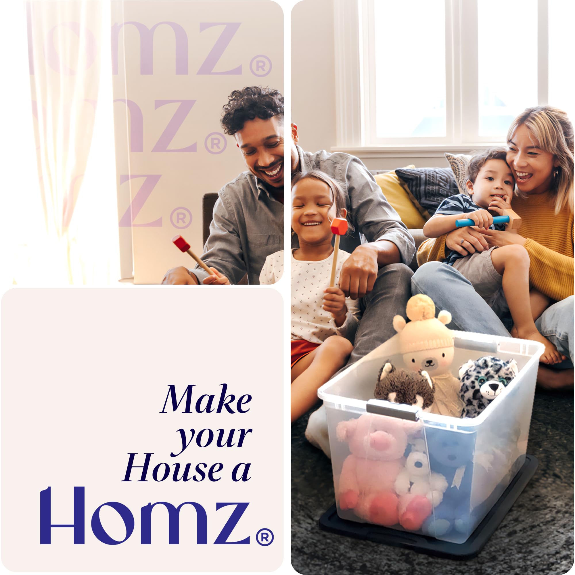 HOMZ 15-Gallon Durabilt Plastic Stackable Storage Organizer Container w/Snap Lid and Hasps for Tie-Down Straps or Locks, Black/Yellow (4 Pack)