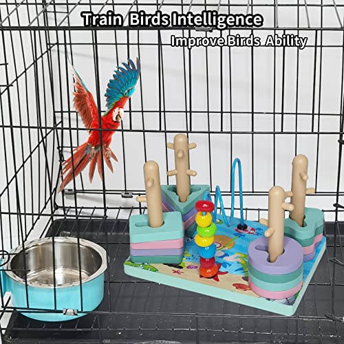 Bird Wooden Block Puzzle Toy Parrot Training Intelligence Toy Parakeet Perch Gym Playpen Stacking Rings Toy Mini Parrot Blocks Balls for Macaw Cockatile Cockatoos and Other Birds 