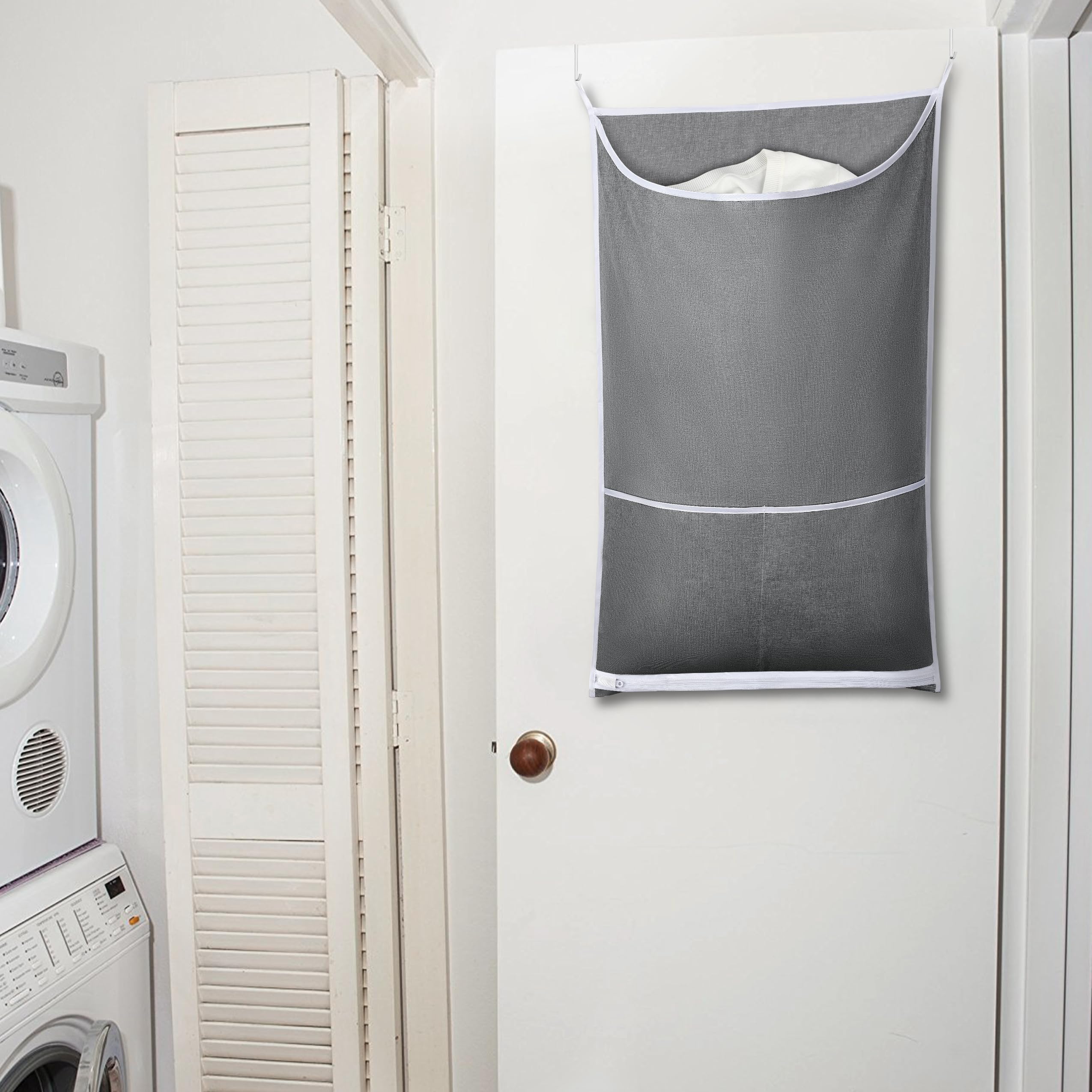 coastal rose Large Hanging Laundry Hamper with Hooks and Adhesive, Space Saving Laundry Bag with Zipper and Wide Open Top for Dirty Clothes Organizer,Door Hanging Hamper for Laundry,Grey,2 Pack