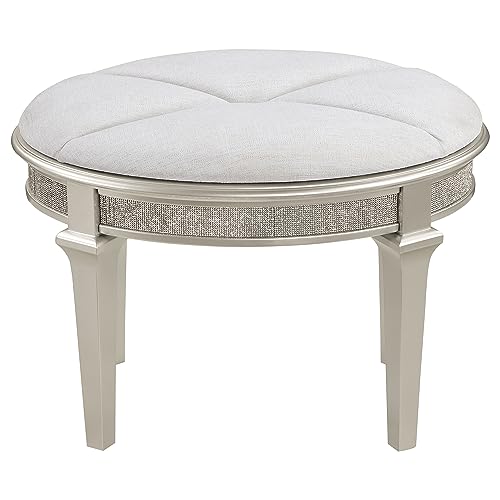 Coaster Home Furnishings Evangeline Oval Vanity Stool with Faux Diamond Trim Silver and Ivory