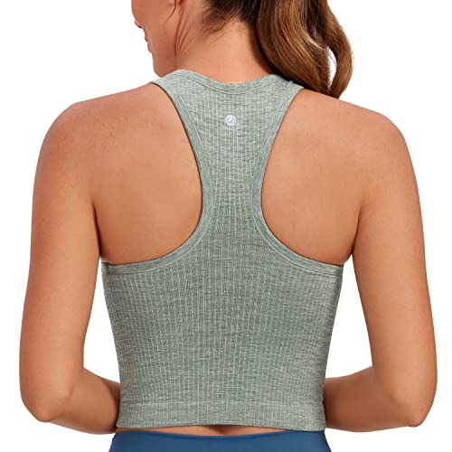CRZ YOGA Womens Seamless Ribbed Longline High Neck Sports Bra - Racerback Padded Slim Fit Crop Tank Top with Built in Bra Dark Green Heather Medium